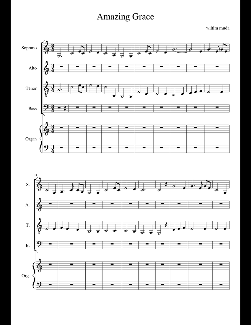 Amazing Grace sheet music for Voice, Organ download free in PDF or MIDI