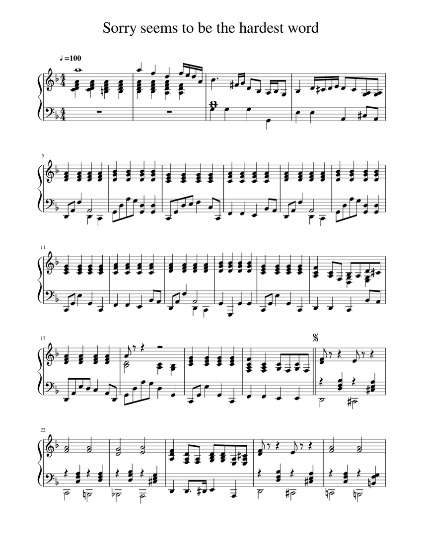 Sorry seems to be the hardest word Sheet music for Piano | Download ...