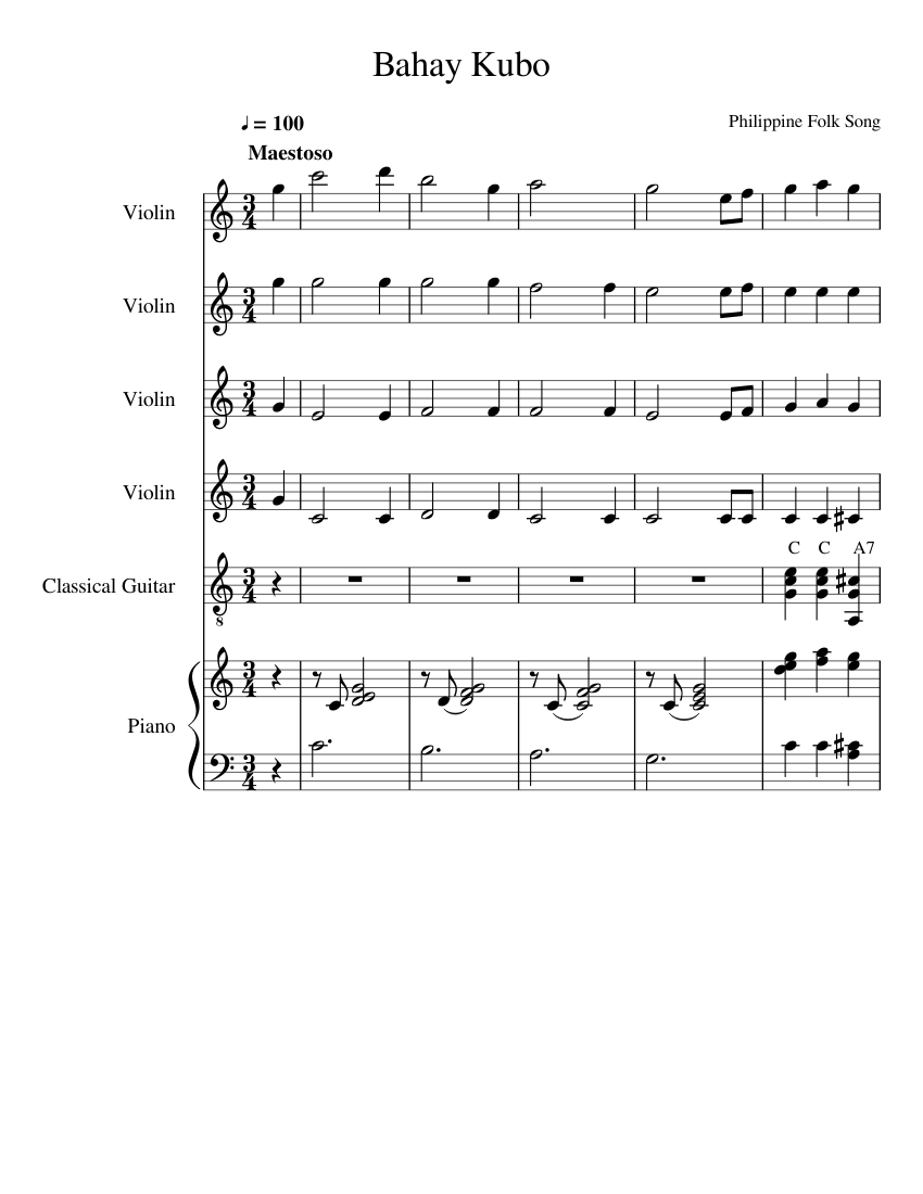 Bahay Kubo sheet music for Violin, Piano, Strings, Guitar download free ...