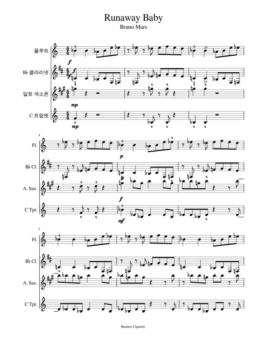 Runaway Baby for wonder Sheet music for Flute, Clarinet, Alto Saxophone ...