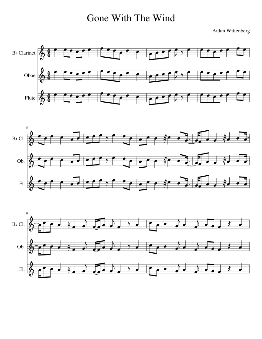 Gone With The Wind Sheet music for Flute, Clarinet (In B Flat), Oboe (Mixed Trio) | Musescore.com