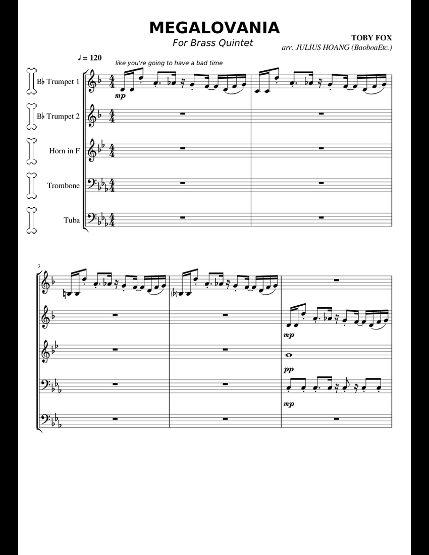 MEGALOVANIA for Brass Quintet sheet music for Trumpet, French Horn, Trombone, Tuba download free ...