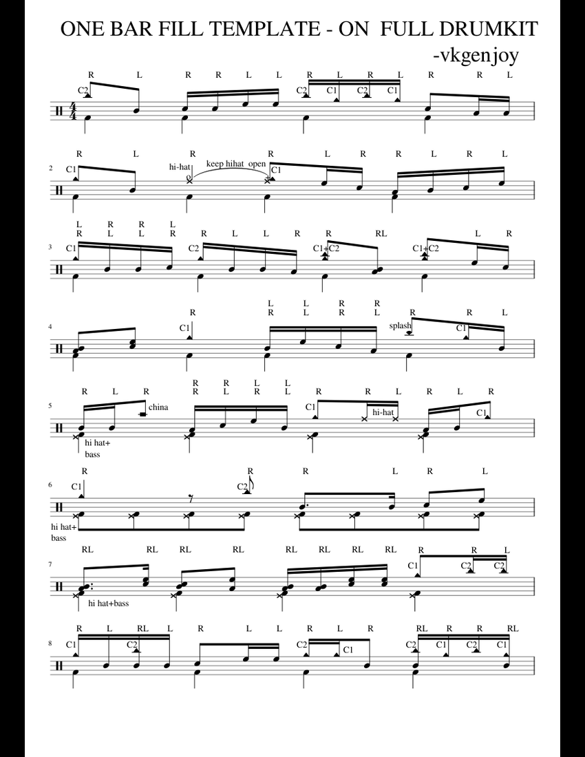 ONE BAR FILL TEMPLATE - ON FULL DRUMKIT -vkgenjoy sheet music for ...