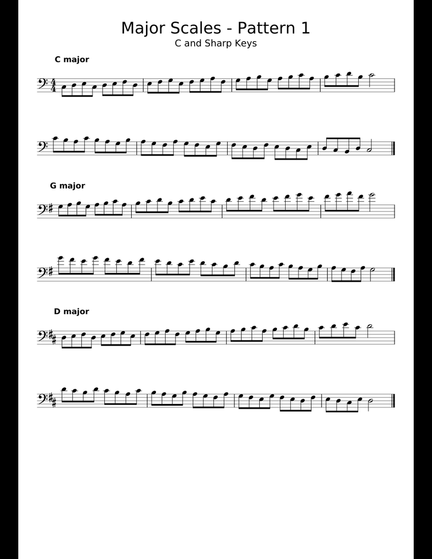 Major Scales, Pattern 1, Sharp Keys, Bass Clef sheet music for Trombone ...