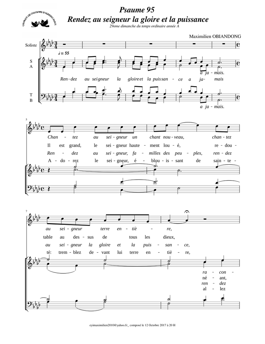 Psaume 95 Rendez au seigneur la gloire et la puissance Sheet music for Voice | Download free in ...