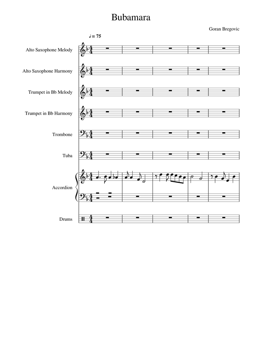 Bubamara Sheet music for Trumpet (In B Flat), Trombone, Drum Group, Saxophone (Alto) & more ...