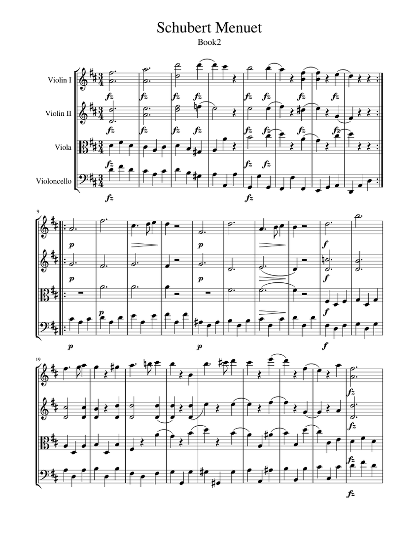 Schubert Menuet Final Sheet music for Violin, Cello, Viola (String Quartet) | Musescore.com