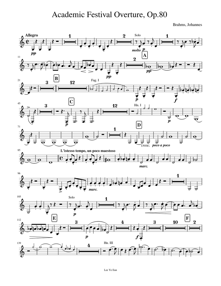 Academic Festival Overture, Op.80 Horn II in F Sheet music for French ...
