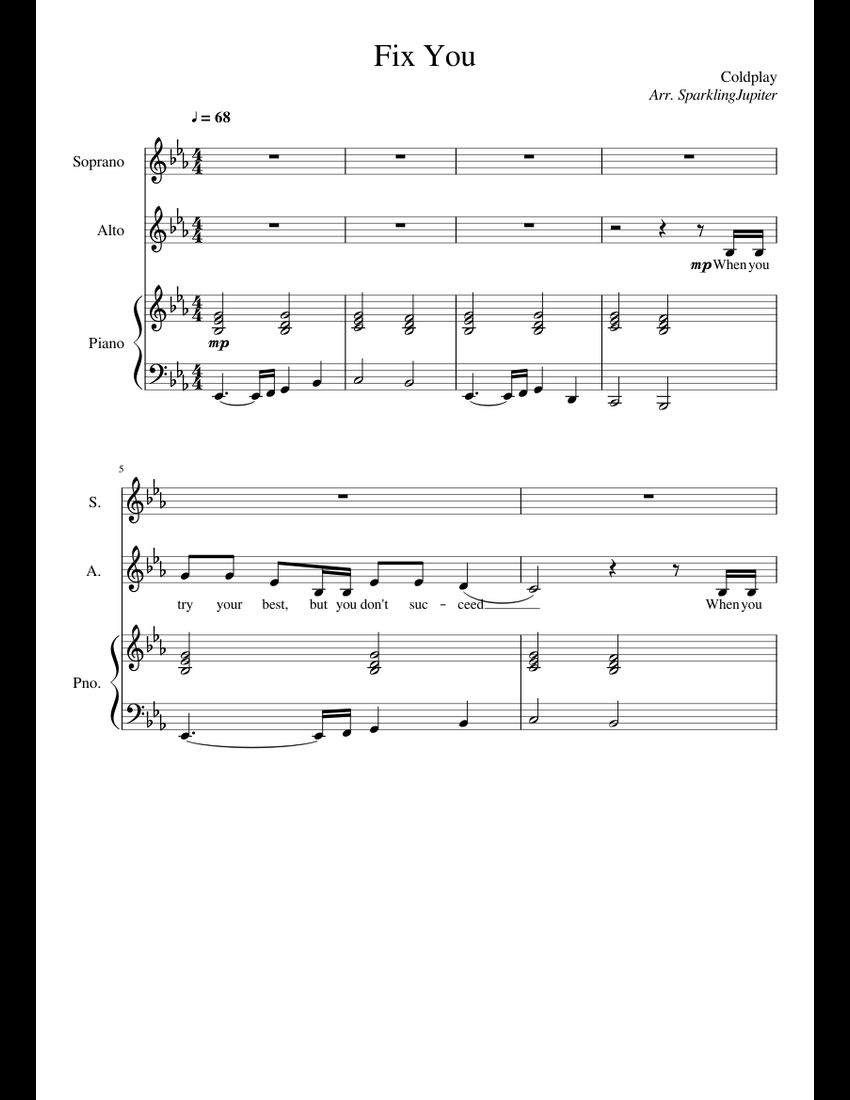 Fix You - Coldplay (SSA) sheet music for Flute, Piano download free in ...