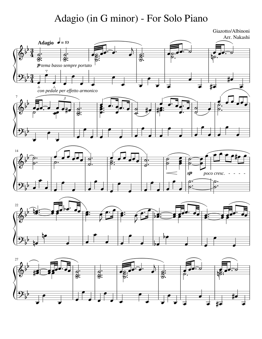 Adagio (in G minor) - For Solo Piano sheet music for Piano download free in PDF or MIDI