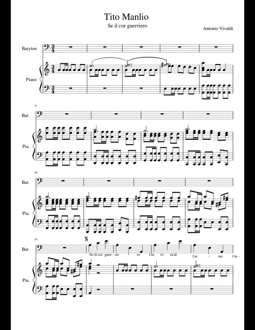 Tito Manlio sheet music for Piano, Voice download free in PDF or MIDI