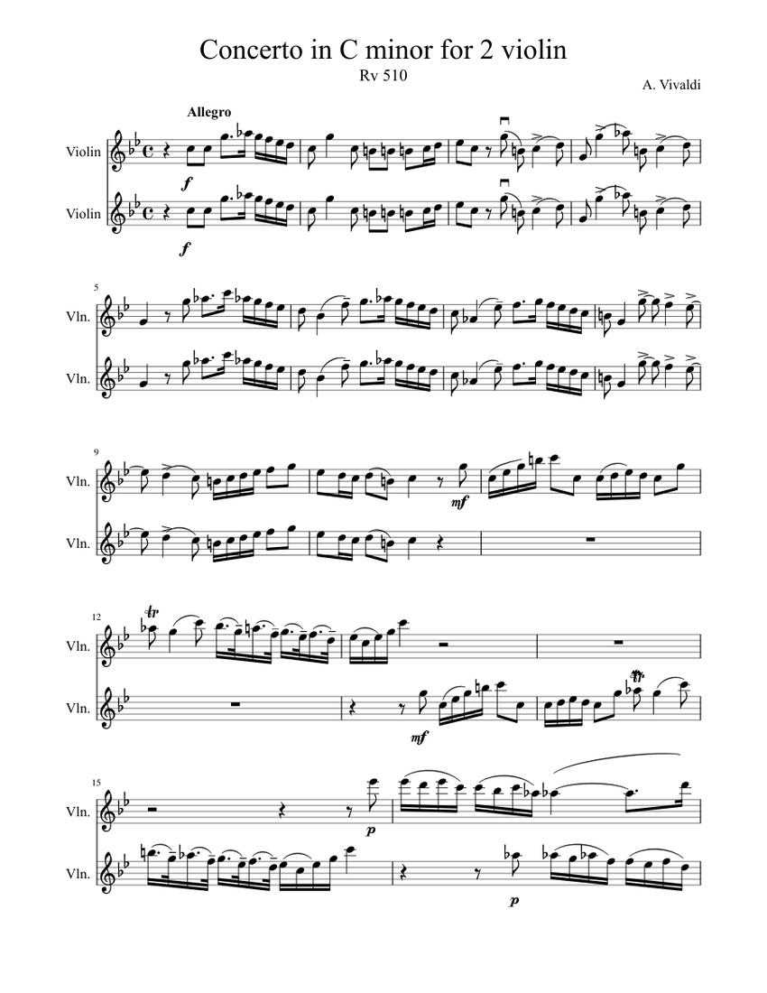 Vivaldi Concerto in C minor for 2 violin Rv 510 Sheet music for Violin | Download free in PDF or ...
