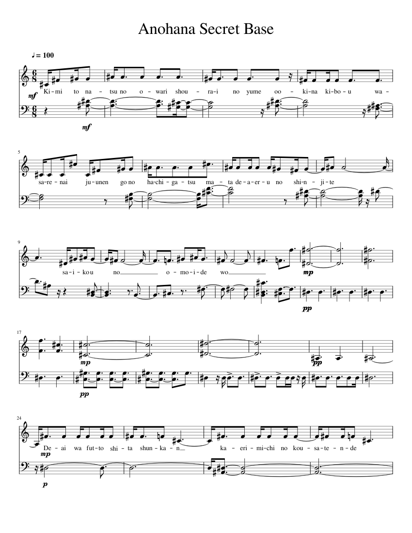 AnoHana - Secret Base, Piano Sheet Sheet music for Piano (Solo ...