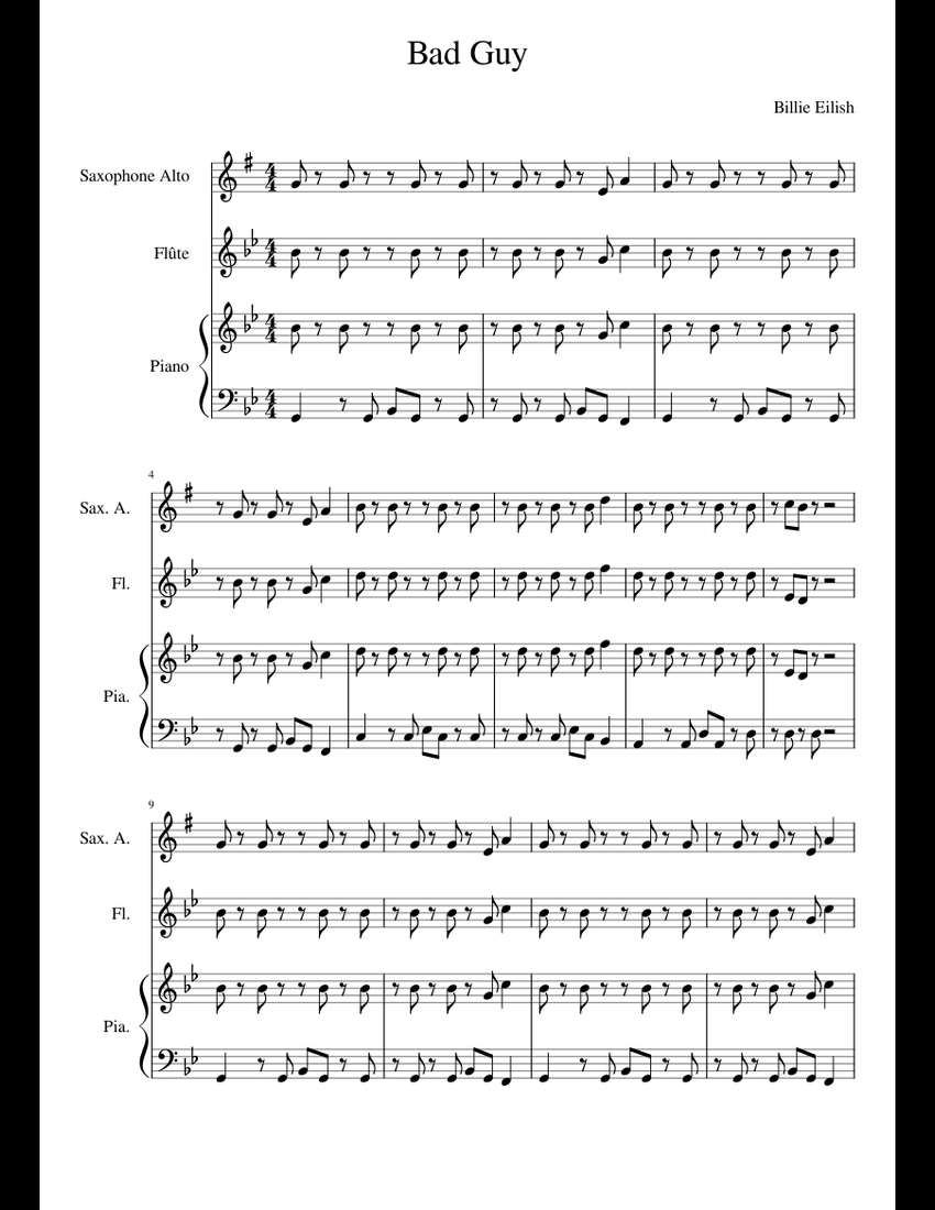 Bad Guy sheet music for Flute, Piano, Alto Saxophone download free in ...