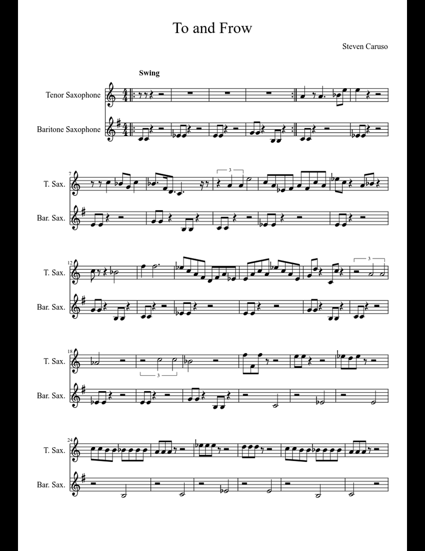 To and Frow sheet music for Tenor Saxophone, Baritone Saxophone ...