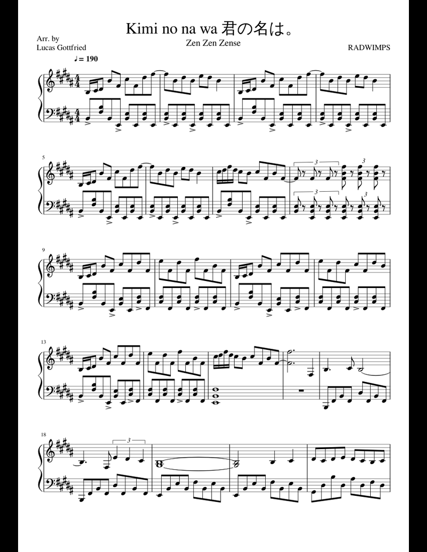 Kimi no Na wa. - Zen Zen Zense sheet music for Piano download free in ...