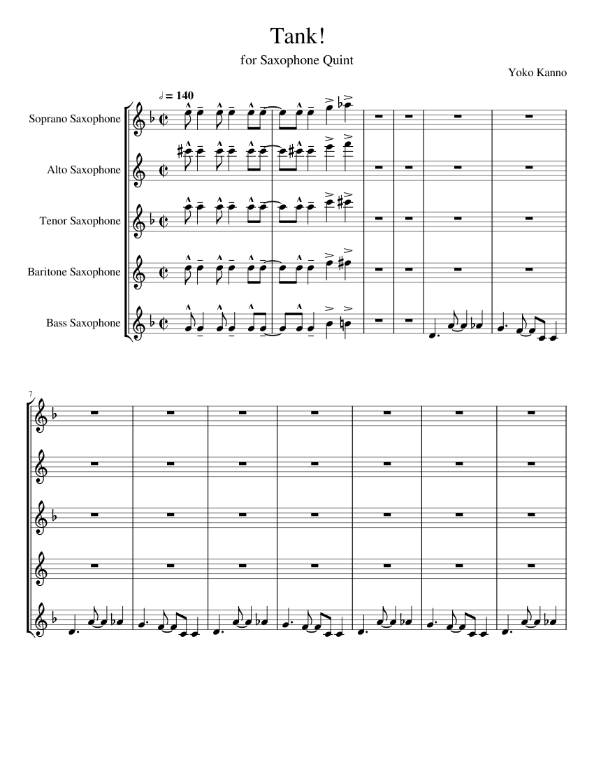 Tank! for Saxophone Quint Sheet music for Soprano Saxophone, Alto ...