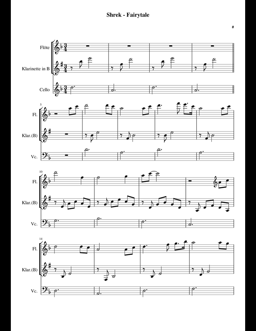 Shrek - Fairytale sheet music for Flute, Clarinet, Cello download free ...