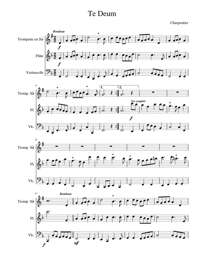 Te Deum Sheet music for Flute, Trumpet, Cello | Download free in PDF or MIDI | Musescore.com