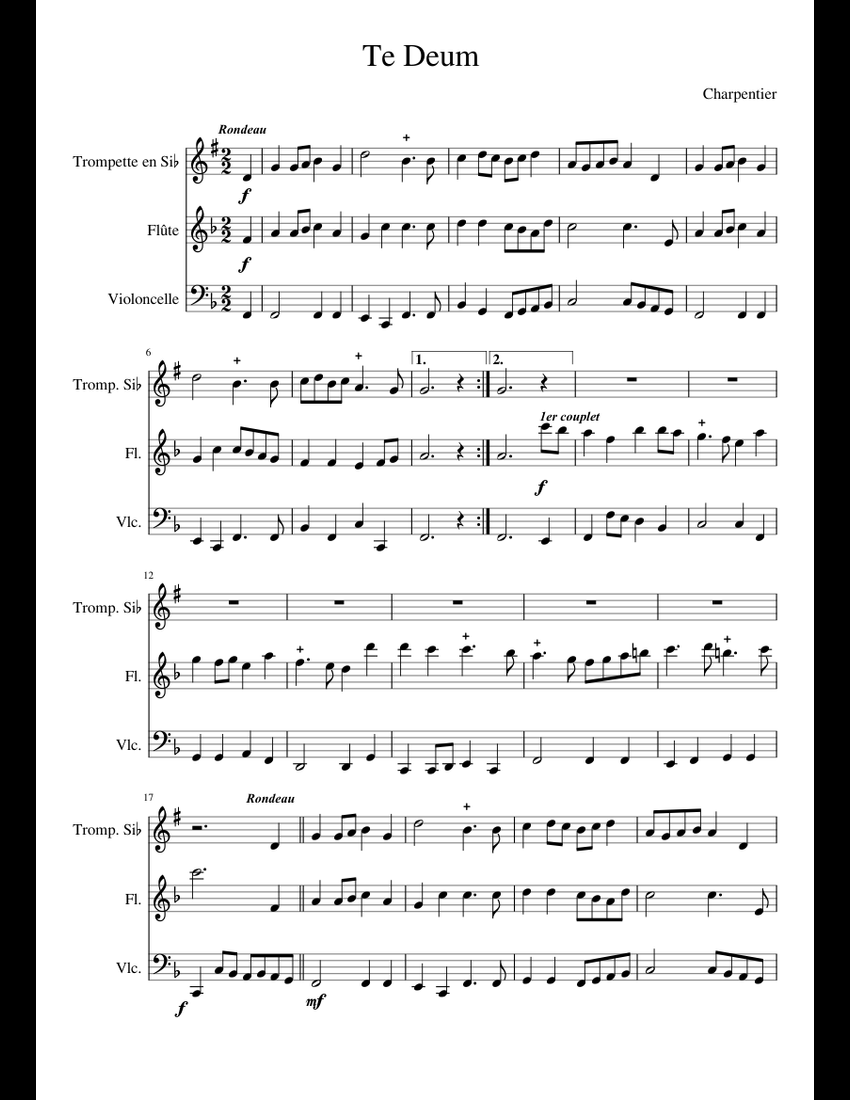 Te Deum sheet music for Flute, Trumpet, Cello download free in PDF or MIDI