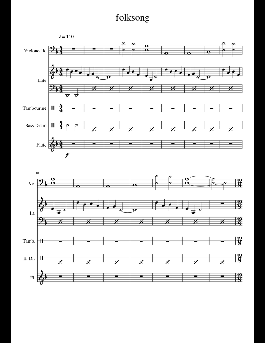 Folksong sheet music for Flute, Cello, Guitar, Percussion download free ...