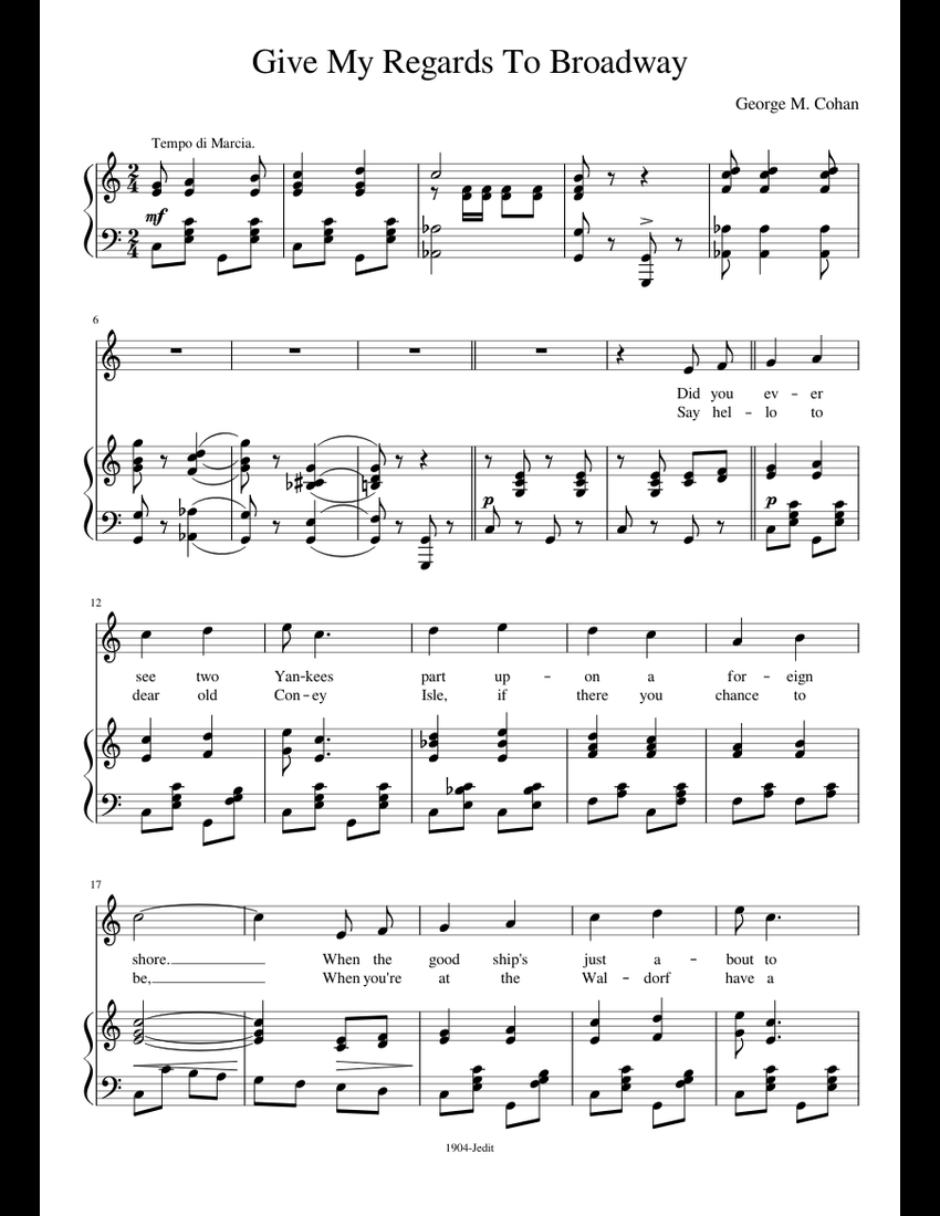 Give My Regards To Broadway sheet music for Piano, Voice download free ...