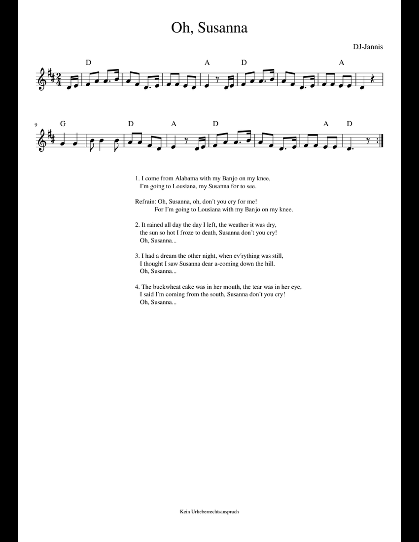 Oh, Susanna sheet music for Piano download free in PDF or MIDI