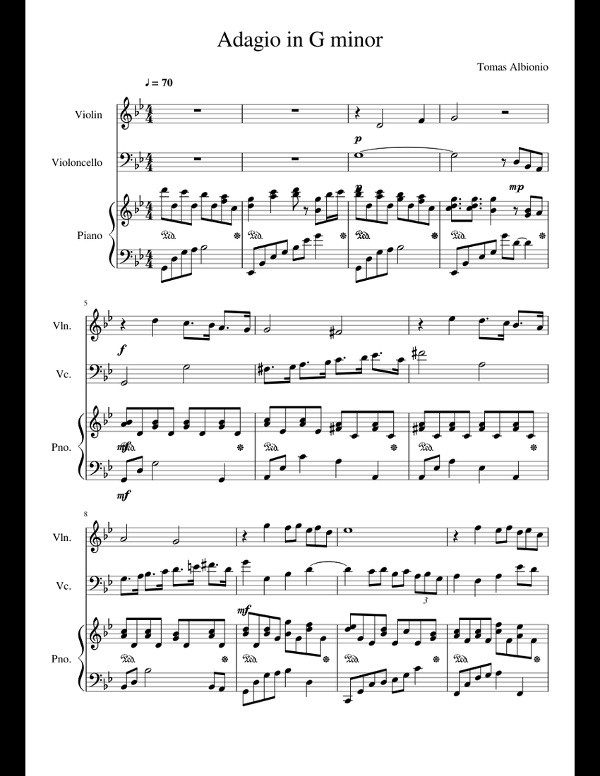 Adagio in G minor sheet music for Violin, Piano, Cello download free in ...
