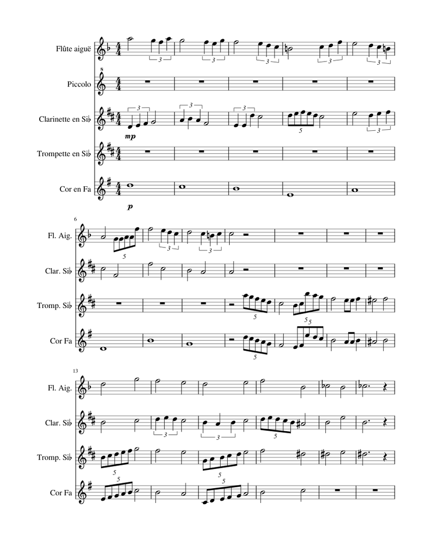 reveil matin 15h Sheet music for Trumpet (In B Flat), Flute, Clarinet ...