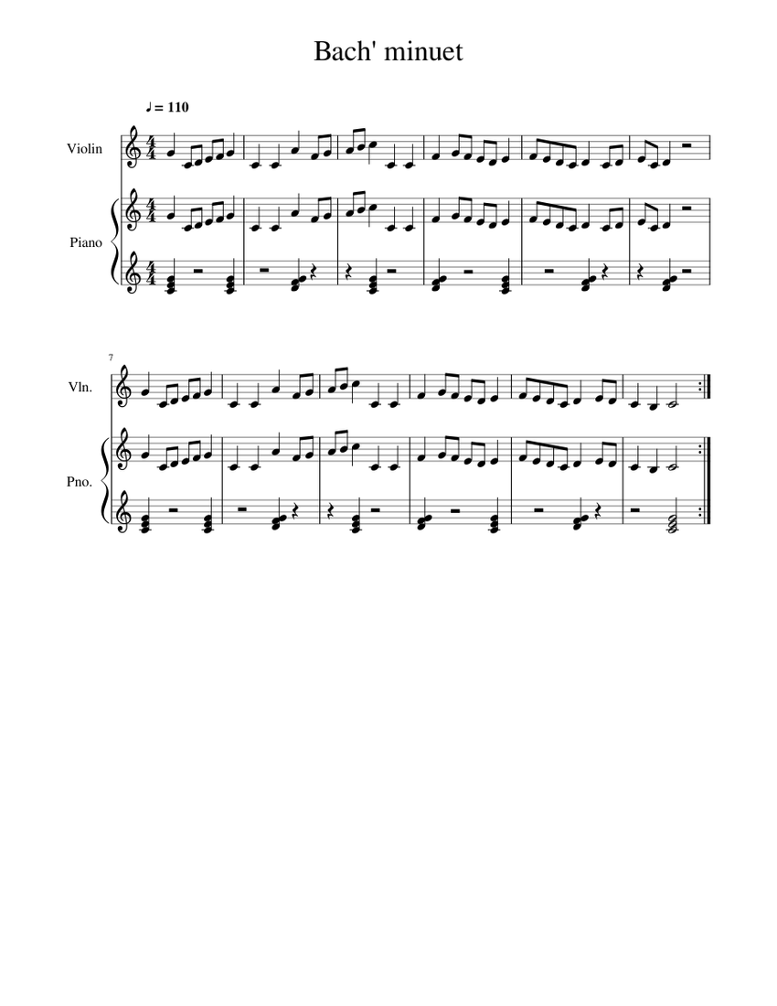Bach minuet 3 Sheet music for Violin, Piano | Download free in PDF or MIDI | Musescore.com