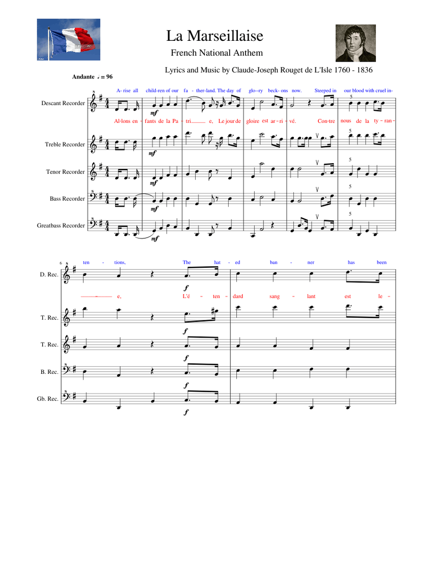 La Marseillaise Score+Translation Sheet music for Recorder, Recorder ...