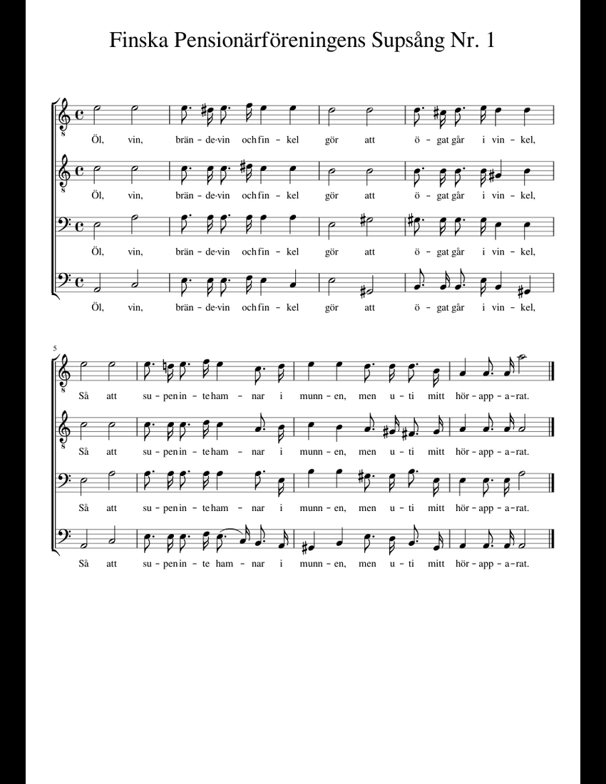 Finska Pensionärföreningens Supsång Nr. 1 - TTBB sheet music for Voice ...