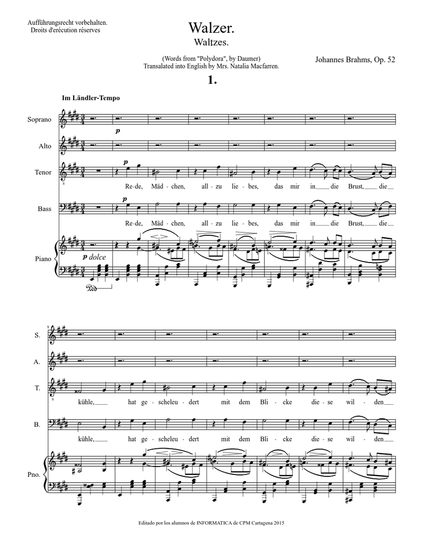 Brahms-Walzer-1 Rede Mädchen-SATB Sheet music for Flute, Piano, Oboe, Cello | Download free in ...
