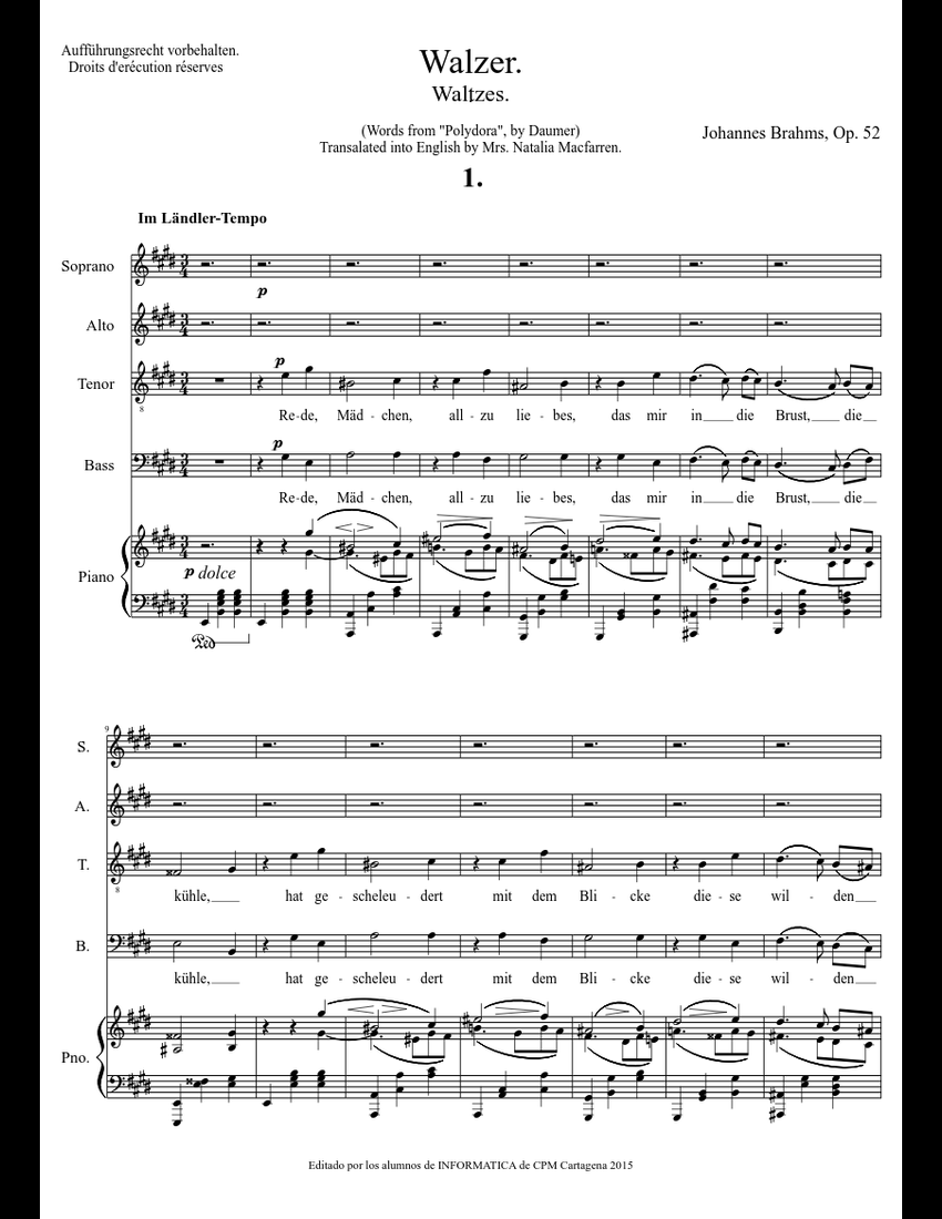 Brahms-Walzer-1 Rede Mädchen-SATB sheet music for Flute, Piano, Oboe, Cello download free in PDF ...