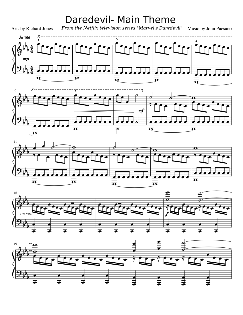 Marvels Daredevil Main Theme Piano sheet music for Piano download free ...