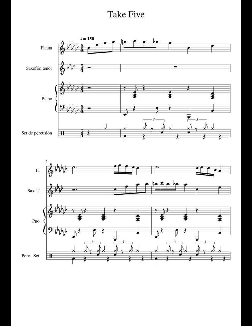 Take_Five sheet music for Flute, Piano, Tenor Saxophone, Percussion ...