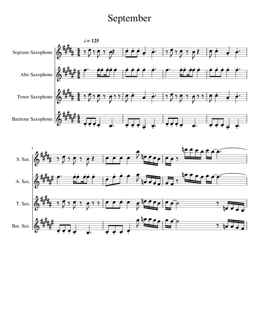September Sheet music for Soprano Saxophone, Alto Saxophone, Tenor ...
