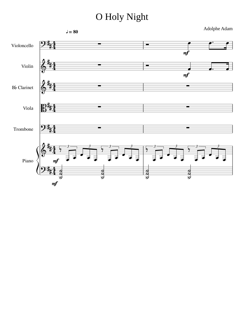 O Holy Night sheet music for Violin, Clarinet, Piano, Cello download ...