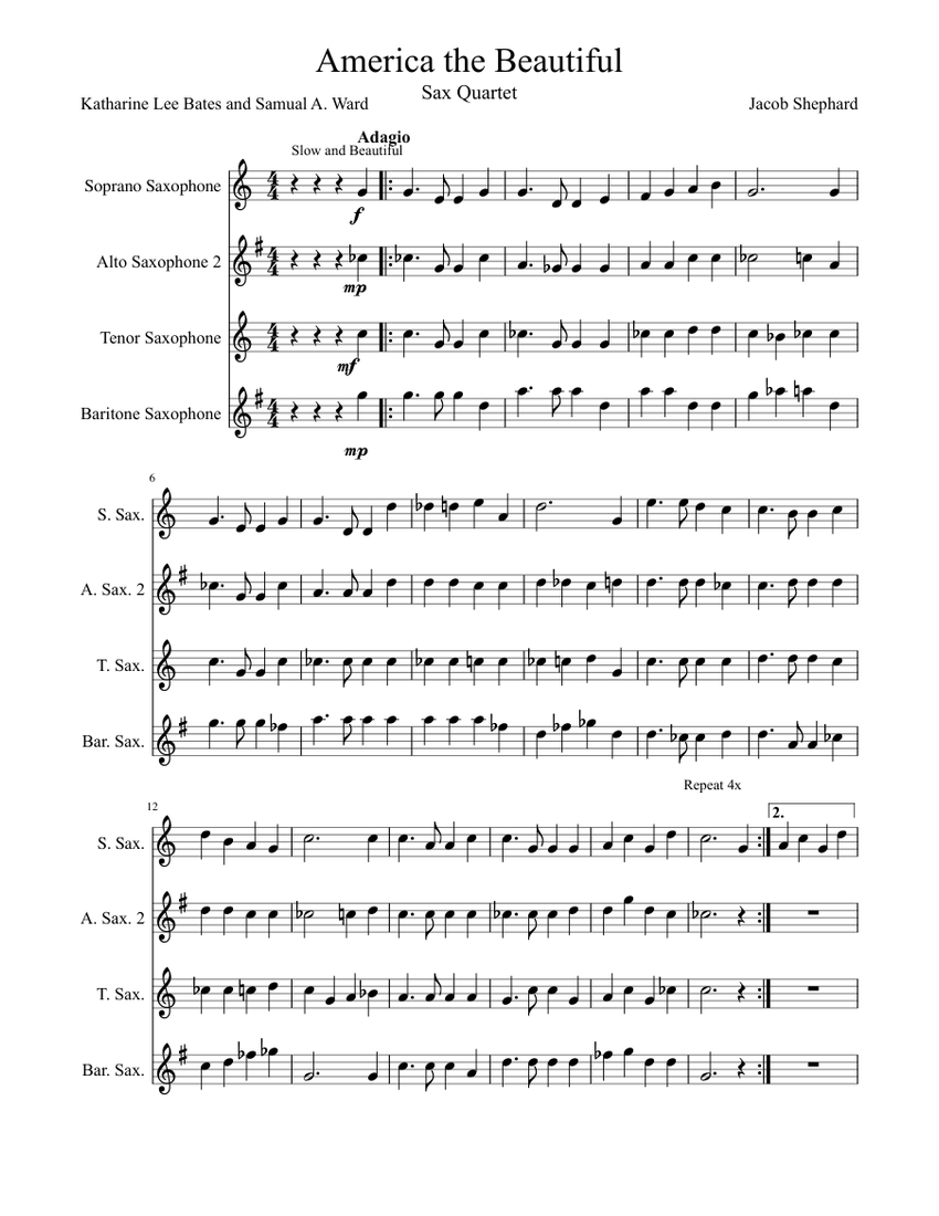 America the Beautiful SATB Sheet music for Soprano Saxophone, Alto ...