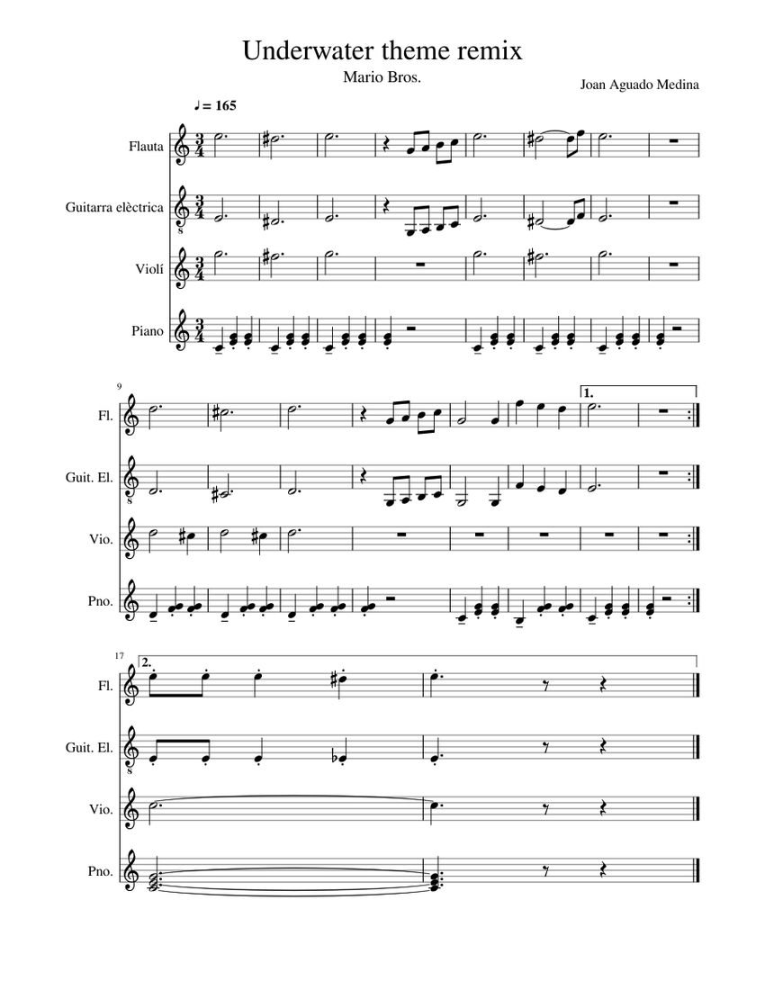 Super Mario Bros: Underwater theme remix Sheet music for Flute, Violin ...