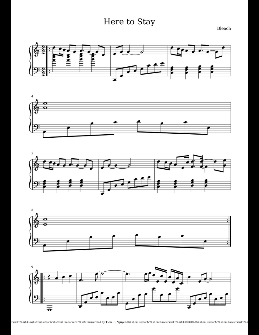 Bleach here to stay sheet music for Piano download free in PDF or MIDI