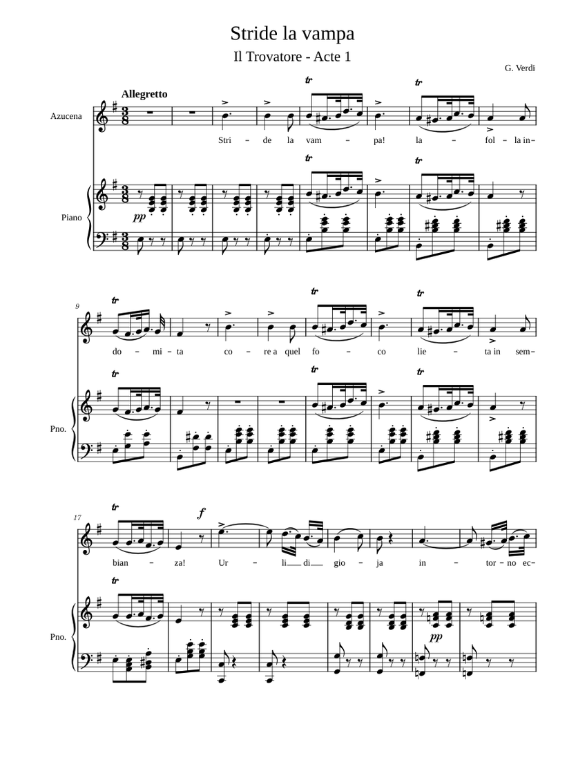 Verdi, Il Trovatore: Stride la vampa Sheet music for Piano, Other ...