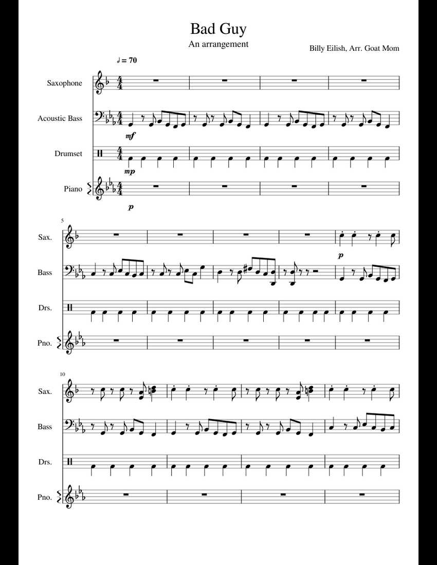 Bad Guy - Billy Eilish sheet music for Tenor Saxophone, Bass ...