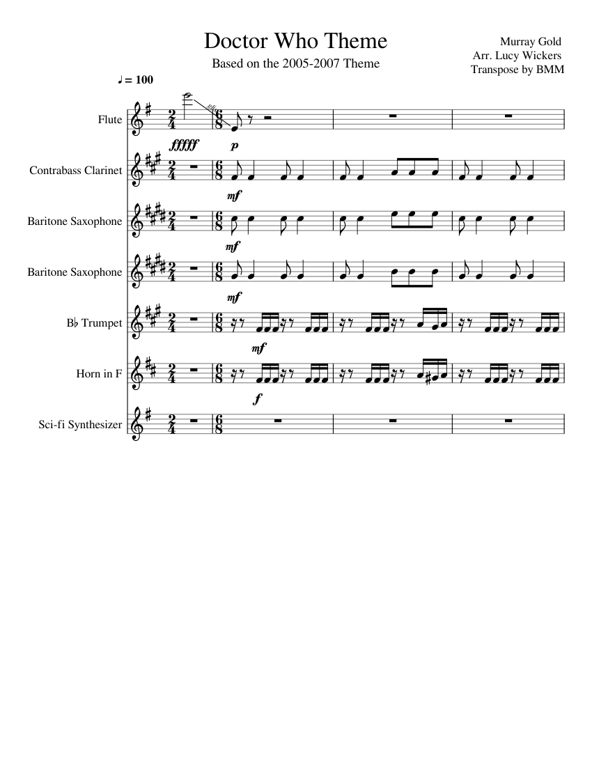 Doctor Who Theme Sheet music for Flute, Clarinet, Baritone Saxophone ...