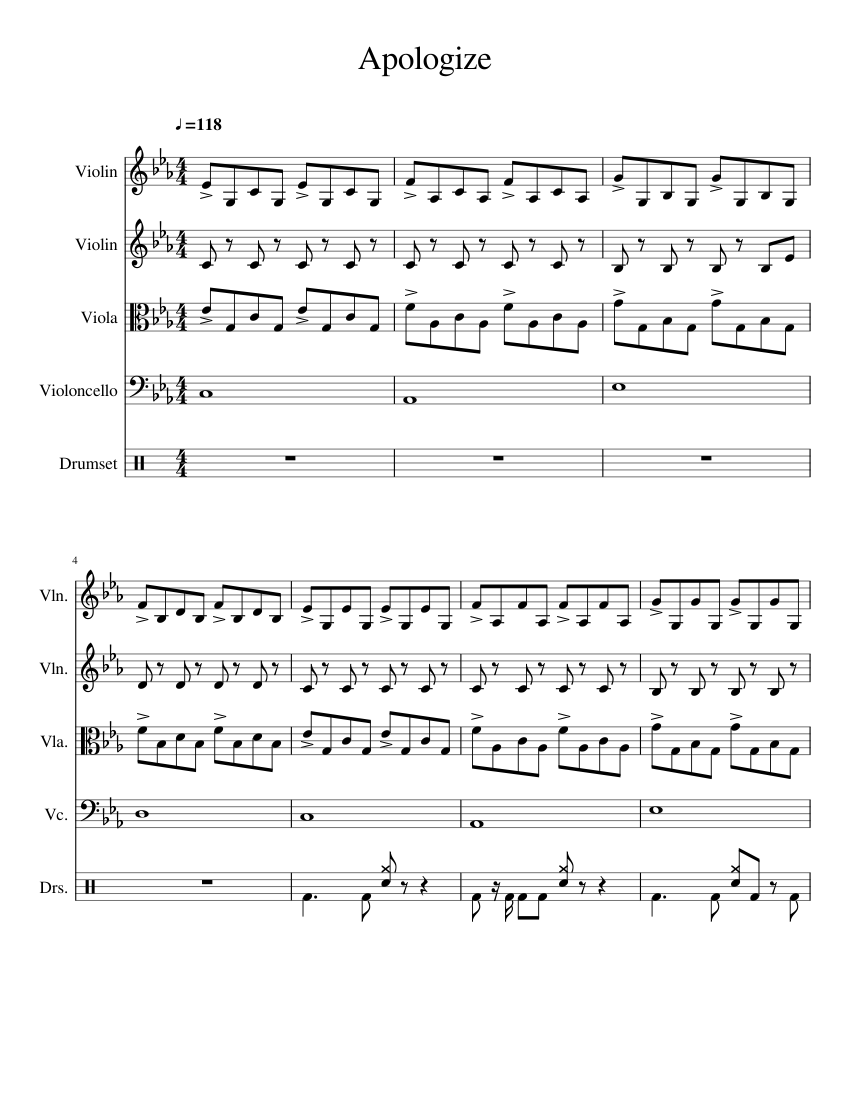 Apologize - One Republic Sheet music for Violin, Viola, Cello ...