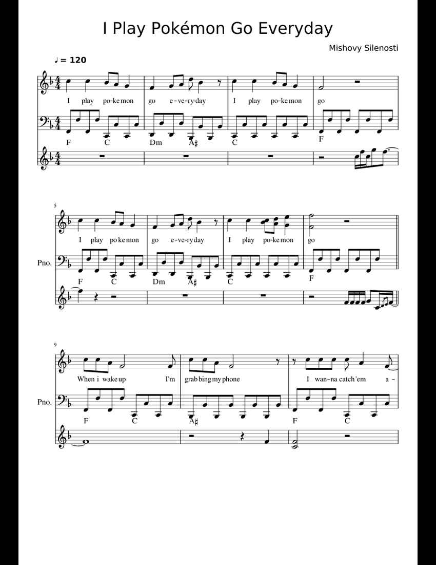 I Play Pokemon Go Everyday sheet music for Piano download free in PDF ...