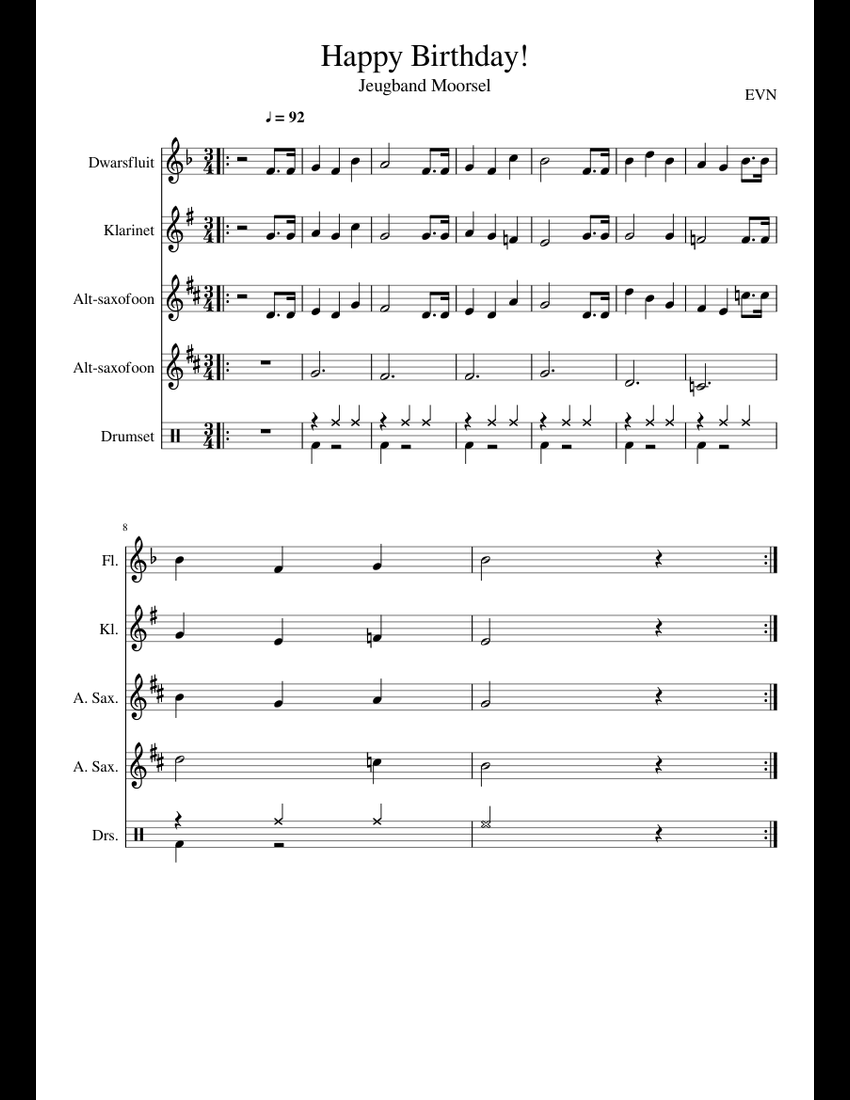 Happy Birthday sheet music for Piano, Flute, Clarinet, Alto Saxophone ...