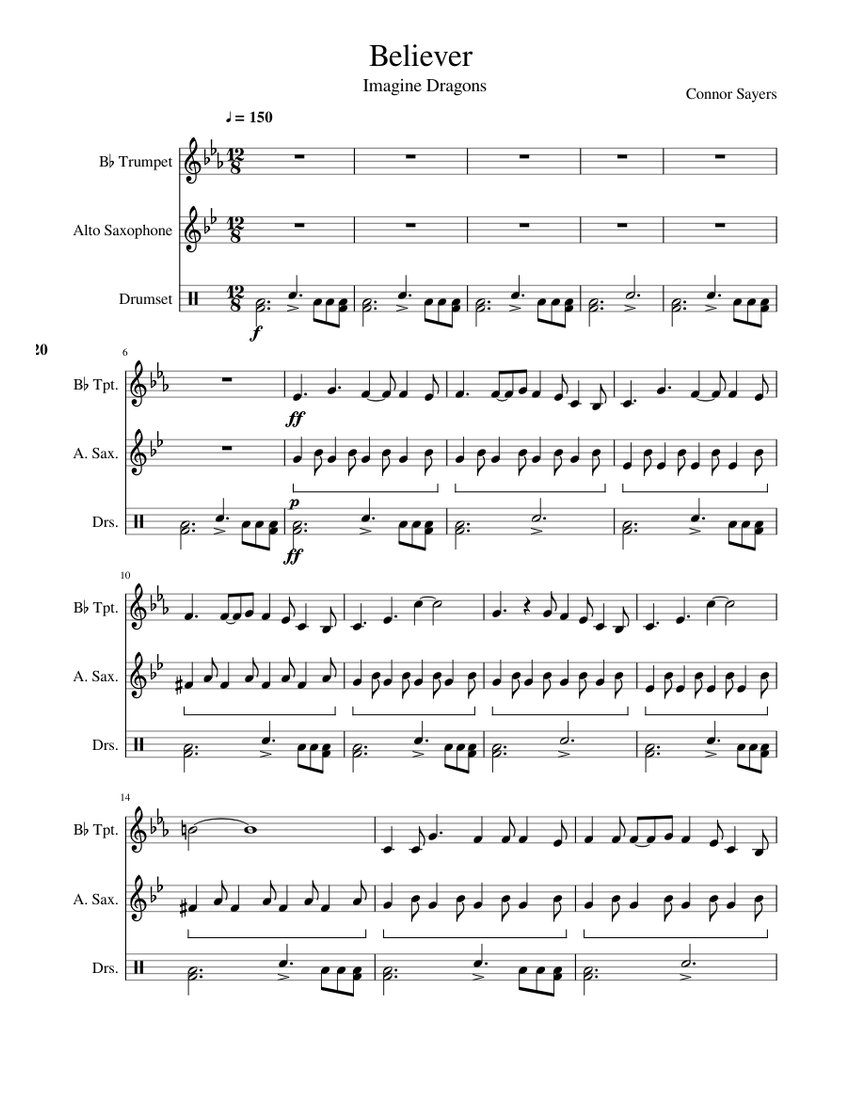 Believer Sheet music for Trumpet, Alto Saxophone, Percussion | Download ...