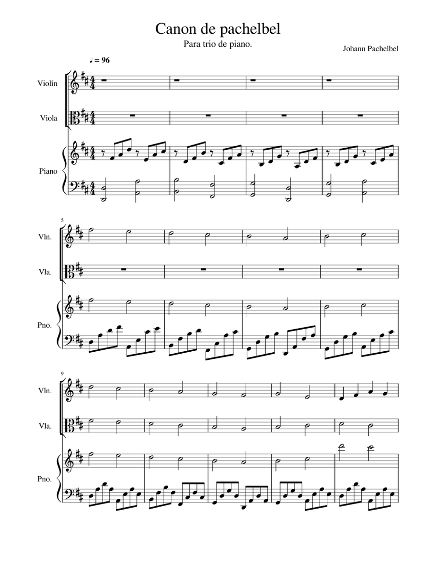 Canon de Pachelbel Sheet music for Piano, Violin, Viola (Mixed Trio ...