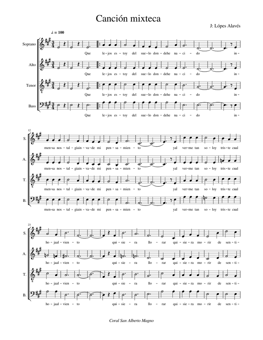 Canción mixteca Sheet music for Soprano, Tenor, Alto, Bass (Choral ...